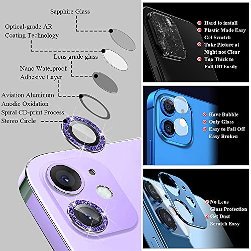 JOLOJO Bling Camera Lens Protector Compatible for iPhone 12(6.1")/12 Mini(5.4")/11(6.1") Ultra Thin/Clear Full Cover Metal Giltter Ring Anti-Scratch Tempered Glass Screen Protector - Purple Diamond