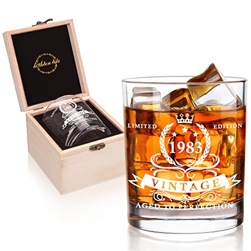 Lighten Life 40th Birthday Gifts for Men,1983 Whiskey Glass in Valued Wooden Box,Bourbon Glass for 40 Years Old Dad,Husband,Friend,40th Birthday Decorations for Men,12 oz Old Fashioned Glass