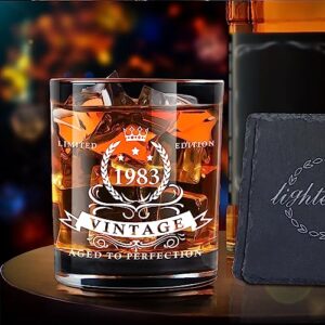 Lighten Life 40th Birthday Gifts for Men,1983 Whiskey Glass in Valued Wooden Box,Bourbon Glass for 40 Years Old Dad,Husband,Friend,40th Birthday Decorations for Men,12 oz Old Fashioned Glass