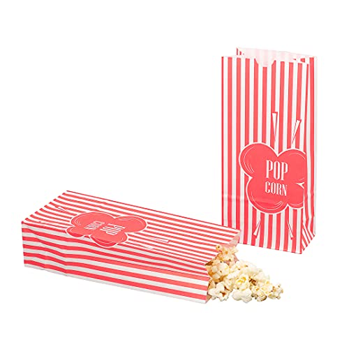 Restaurantware Bag Tek 1 Ounce Popcorn Bags, 100 Disposable Paper Popcorn Bags - Greaseproof, Striped, Red Paper Concession Popcorn Bags, For Movie Nights, Theaters, Carnivals, & More