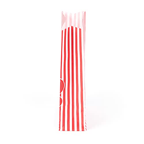 Restaurantware Bag Tek 1 Ounce Popcorn Bags, 100 Disposable Paper Popcorn Bags - Greaseproof, Striped, Red Paper Concession Popcorn Bags, For Movie Nights, Theaters, Carnivals, & More