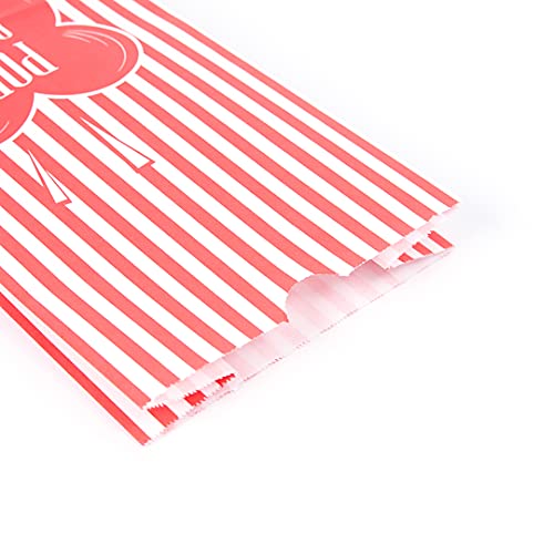 Restaurantware Bag Tek 1 Ounce Popcorn Bags, 100 Disposable Paper Popcorn Bags - Greaseproof, Striped, Red Paper Concession Popcorn Bags, For Movie Nights, Theaters, Carnivals, & More