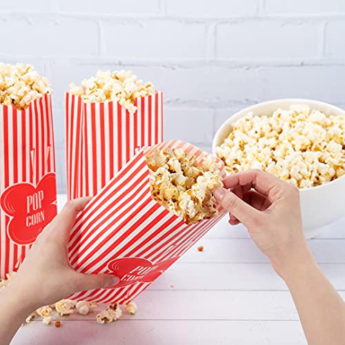 Restaurantware Bag Tek 1 Ounce Popcorn Bags, 100 Disposable Paper Popcorn Bags - Greaseproof, Striped, Red Paper Concession Popcorn Bags, For Movie Nights, Theaters, Carnivals, & More