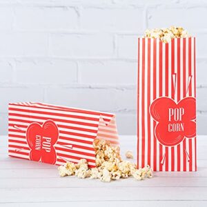 Restaurantware Bag Tek 1 Ounce Popcorn Bags, 100 Disposable Paper Popcorn Bags - Greaseproof, Striped, Red Paper Concession Popcorn Bags, For Movie Nights, Theaters, Carnivals, & More