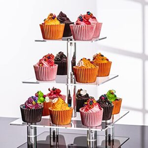 Jusalpha® 3 Tier Strong Acrylic Square Cupcake Stand, Dessert Display Tower (Clear, 1)