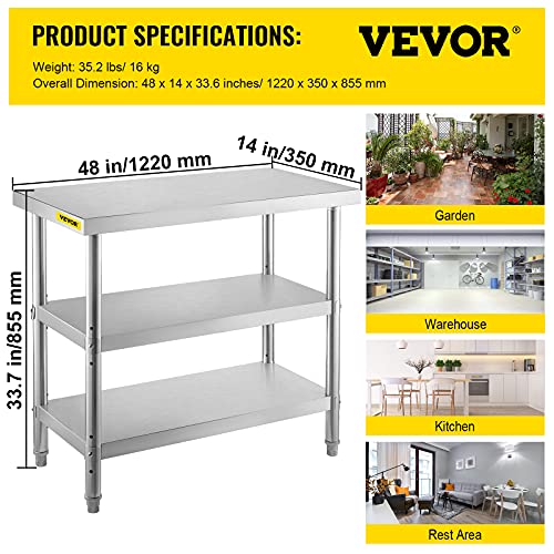 VEVOR Outdoor Food Prep Table, 48x14x33 in Commercial Stainless Steel Table, 2 Adjustable Undershelf BBQ Prep Table, Heavy Duty Kitchen Work Table, for Garage, Home, Warehouse, and Kitchen Silver