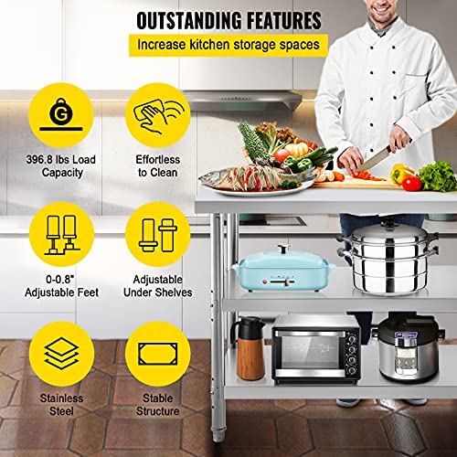 VEVOR Outdoor Food Prep Table, 48x14x33 in Commercial Stainless Steel Table, 2 Adjustable Undershelf BBQ Prep Table, Heavy Duty Kitchen Work Table, for Garage, Home, Warehouse, and Kitchen Silver