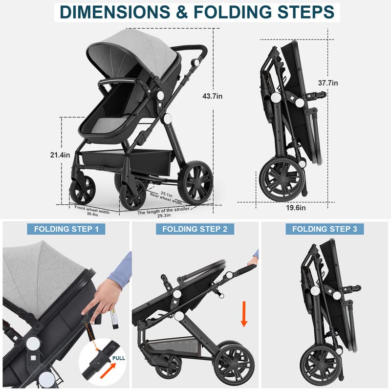 Newborn Infant Baby Bassinet Stroller - Sleeping & Sitting Mode 2 in 1 All Terrain High Landscape Shock Absorption Sunshade Comfortable Baby Toddler Strollers for 0-36 Months Old Babies Gray