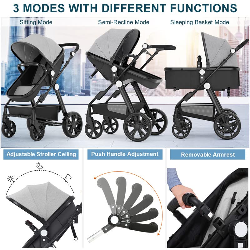 Newborn Infant Baby Bassinet Stroller - Sleeping & Sitting Mode 2 in 1 All Terrain High Landscape Shock Absorption Sunshade Comfortable Baby Toddler Strollers for 0-36 Months Old Babies Gray