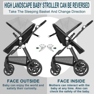 Newborn Infant Baby Bassinet Stroller - Sleeping & Sitting Mode 2 in 1 All Terrain High Landscape Shock Absorption Sunshade Comfortable Baby Toddler Strollers for 0-36 Months Old Babies Gray