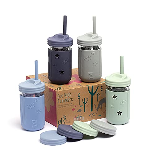 Elk and Friends Smoothie Cups For Kids & Toddler | The Original Glass Mason Jars 12 oz with Silicone Sleeves & Straws |Spill Proof|