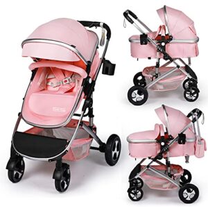 kinder king 2 in 1 convertible baby stroller, folding high landscape infant carriage, newborn reversible bassinet pram, adjustable canopy, diaper bag, anti-shock toddler pushchair stroller, pink