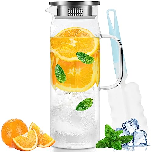 Yirilan Glass Pitcher,51oz/1.5liter Glass Pitcher With Lid,Carafes & Pitchers,Iced Tea Pitcher,Water Carafe With Handle,Heat Resistant Borosilicate Glass Jug,Beverage Pitcher, Tea Jug(With Brush)