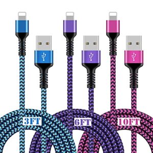 iphone charger [3/6/10ft], 3pack long braided cables, fast charging power charger cords for iphone 14/13 12 pro max/se/11 pro/11pro max/xs/xr/8/7/6s plus, ipad mini, ipro air, touch usb lightning wire