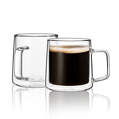 CNGLASS 10oz Glass Coffee Mugs,Double Wall Insulated Glass Mugs with Handle,Clear Espresso Mugs for Latte,Cappuccino,Tea Bag,Set of 2