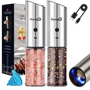 gravity electric salt and pepper grinder set of 2,usb rechargeable kitchen electric pepper mill with adjustable grinder and led light,tall glass salt and pepper grinders refillable