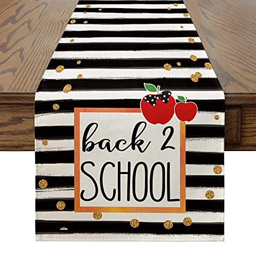 Artoid Mode Black Stripes Apple Back to School Table Runner, First Day of School Student Kids Classroom Dining Table Decoration for Party Decor 13x72 Inch