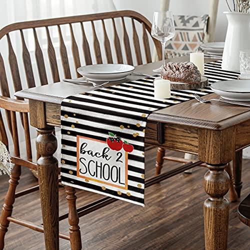 Artoid Mode Black Stripes Apple Back to School Table Runner, First Day of School Student Kids Classroom Dining Table Decoration for Party Decor 13x72 Inch