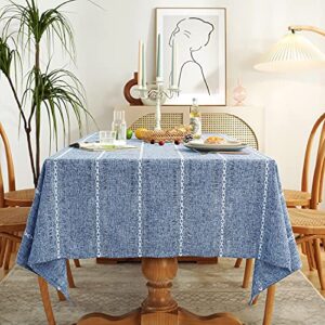 chassic 60 x 84 inches farmhouse style linen tablecloths, wrinkle resistant washable dining room table cloths for rectangle tables - hemstitch blue