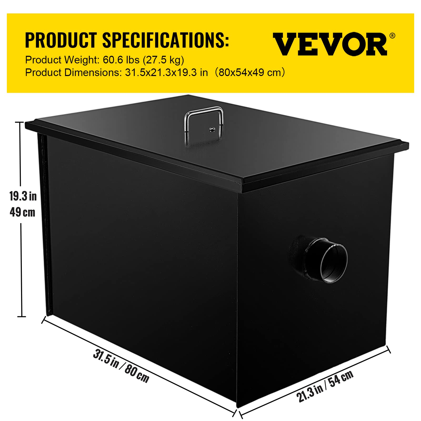 VEVOR 70 LB Commercial, Carbon Steel 35 GPM, Interceptor Side Water Inlet, Under Sink Grease Trap for Restaurant Canteen Factory Home Kitchen, Black