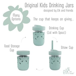 Elk and Friends Kids & Toddler Cups | The Original Glass Mason jars 8 oz with Silicone Sleeves & Silicone Straws with Stoppers | Smoothie Cups | Spill Proof Sippy Cups for Toddlers