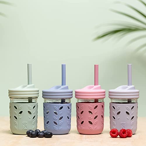 Elk and Friends Kids & Toddler Cups | The Original Glass Mason jars 8 oz with Silicone Sleeves & Silicone Straws with Stoppers | Smoothie Cups | Spill Proof Sippy Cups for Toddlers