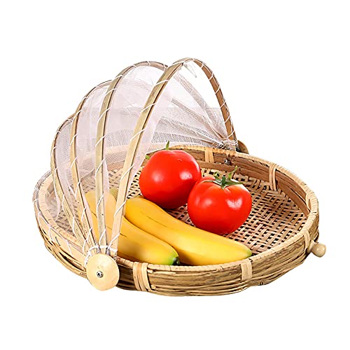 Food Bamboo Food Serving Tent Basket Hand-Woven Basket Serving Dustproof Round Picnic Basket Vegetable Fruits Bread Food Home Food Storage Basket with Mesh Gauze Cover Container