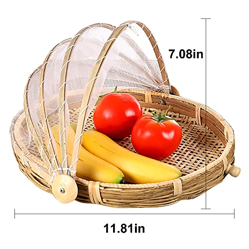 Food Bamboo Food Serving Tent Basket Hand-Woven Basket Serving Dustproof Round Picnic Basket Vegetable Fruits Bread Food Home Food Storage Basket with Mesh Gauze Cover Container