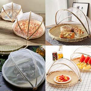 Food Bamboo Food Serving Tent Basket Hand-Woven Basket Serving Dustproof Round Picnic Basket Vegetable Fruits Bread Food Home Food Storage Basket with Mesh Gauze Cover Container