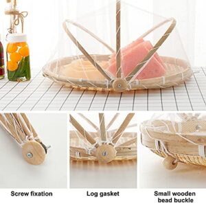 Food Bamboo Food Serving Tent Basket Hand-Woven Basket Serving Dustproof Round Picnic Basket Vegetable Fruits Bread Food Home Food Storage Basket with Mesh Gauze Cover Container