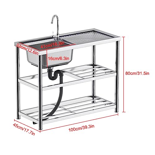 Large Single Bowl Sink Commercial Kitchen Washing Sink Free Standing Restaurant Sink Station Industrial Garage Sink w/Workbench & Storage Shelves (100cm/39.3in,Package A)