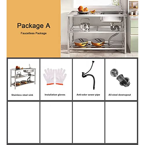 Large Single Bowl Sink Commercial Kitchen Washing Sink Free Standing Restaurant Sink Station Industrial Garage Sink w/Workbench & Storage Shelves (100cm/39.3in,Package A)