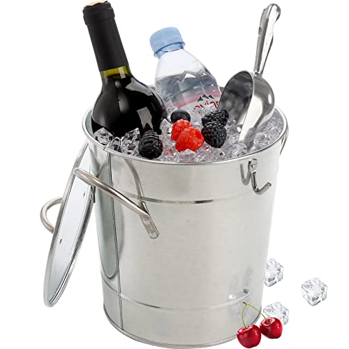 YOUEON 4L Ice Bucket with Scoop and Lid, Galvanized Metal Bucket with Carry Handles, Double Walled Wine Bucket Chiller, Beverage Tub for Parities, Picnics, Camping, Outdoor Bar Use, Silver