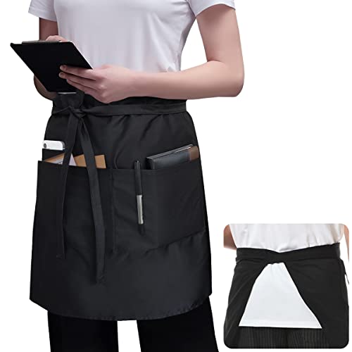 ROTANET Server Aprons Black Half Bistro Apron with 3 Pockets 22 Inch Waiter Waitress Long waist Apron for Men Women Waterpoof