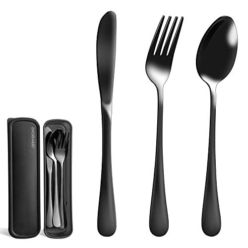 Portable Utensils Set with Case, 4pcs Stainless Steel Reusable Silverware for Lunch Camping School Picnic Workplace Travel, Lunch Box Includ Fork Spoon Knife,Easy to clean,Dishwasher Safe(Black)