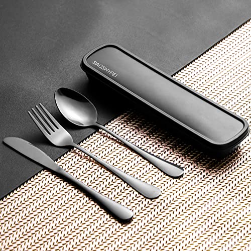 Portable Utensils Set with Case, 4pcs Stainless Steel Reusable Silverware for Lunch Camping School Picnic Workplace Travel, Lunch Box Includ Fork Spoon Knife,Easy to clean,Dishwasher Safe(Black)