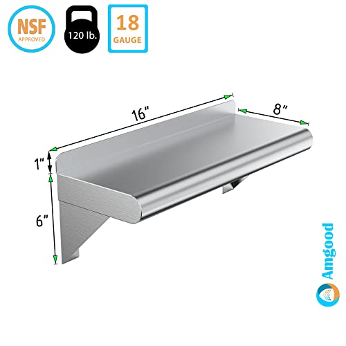 AmGood 8" X 16" Stainless Steel Wall Shelf | Metal Shelving | Garage, Laundry, Storage, Utility Room | Restaurant, Commercial Kitchen | NSF