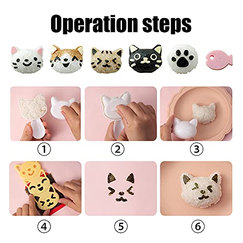 Cute Cat Rice Ball Molds 6 Sets Sushi Molds Bento Box Accessories Kits with 1PC Musubi Maker Press Mold, 2PCS Gimbap Molds Triangle and 1PC Rice Ball Mold Shaker for DIY Fun Lunch Box Picnic Tool