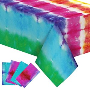 peony man 4 pieces tie dye tablecloth rainbow plastic rectangle table cover colorful tablecloth for tie dye party supplies kitchen dining picnic decoration, 51 x 86 inch