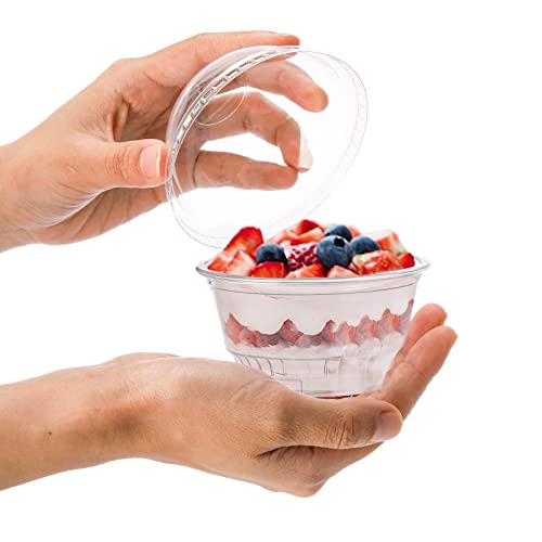 Lyellfe 100 Pack Dessert Cups with Dome Lids, 5 oz Clear Plastic Cups, Disposable Ice Cream Cups for Take Away Food Dessert Cupcake and Fruit