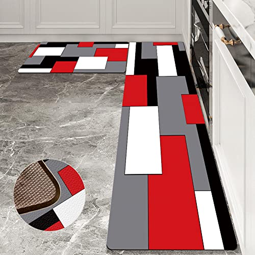 Black,White,Red and Grey Kitchen Rugs and Mats Set 2 Piece Abstract Geometric Art Cushioned Kitchen Rugs Abstract Modern Art Kitchen Mats for Kitchen & Laundry (Geometric Art, 17.5"x29.5"+17.5"x47")