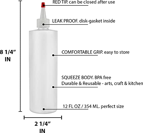 BRIGHTFROM Condiment Squeeze Bottles, 12 OZ Empty Squirt Bottle with Red Top Cap, Leak Proof - Great for Ketchup, Mustard, Syrup, Sauces, Dressing, Oil, Arts and Crafts, BPA FREE Plastic - SET of 2