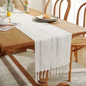 Rustic Farmhouse Style Linen Table Runner, Boho Handmade Tassel Embroidered Table Runners 72 Inches Long for Holiday Party, Wedding and Dining Decorations, 13 x 72 inch - Ivory