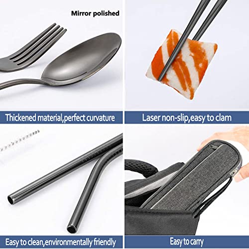 Portable Travel Utensils Silverware set with Case,Reusable Trave Stainless Steel Camping Cutlery set with Chopsticks and Straw, Portable Flatware with Case for Office School Picnic BF(Black)