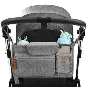 universal stroller organizer, 2 cup holders & detachable bag with shoulder strap stroller bag for bottle, diaper, phone, toys, baby items, design fit all strollers (grey)