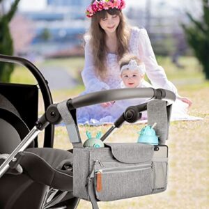 Universal Stroller Organizer, 2 Cup Holders & Detachable Bag with Shoulder Strap Stroller Bag for Bottle, Diaper, Phone, Toys, Baby Items, Design Fit All Strollers (Grey)