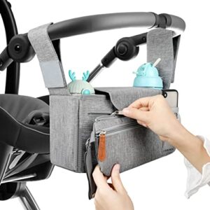 Universal Stroller Organizer, 2 Cup Holders & Detachable Bag with Shoulder Strap Stroller Bag for Bottle, Diaper, Phone, Toys, Baby Items, Design Fit All Strollers (Grey)