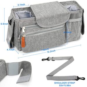 Universal Stroller Organizer, 2 Cup Holders & Detachable Bag with Shoulder Strap Stroller Bag for Bottle, Diaper, Phone, Toys, Baby Items, Design Fit All Strollers (Grey)