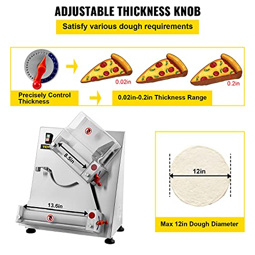 VEVOR Pizza Dough Roller Sheeter, Max 12" Automatic Commercial Dough Roller Sheeter, 370W Electric Pizza Dough Roller Stainless Steel, Suitable for Noodle Pizza Bread and Pasta Maker Equipment