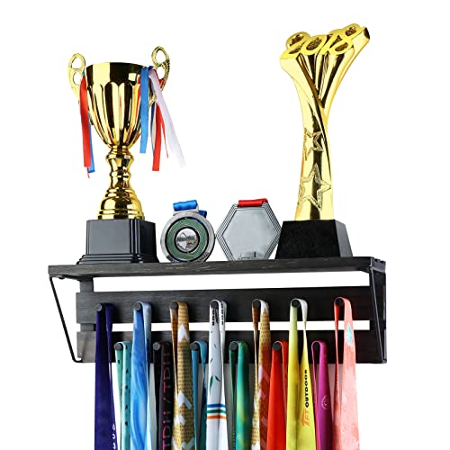 Medal Hanger & Trophy Shelf - Rustic Wood Wall Mount Display Rack, Use as a Medal Display with Shelf, Trophy Rack, Medal Holder and Medal Display Hanger, Race Medal Display and Medal Hanger with Shelf